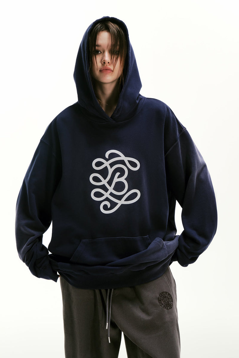 White Ink Printed Logo Long Sleeve Hoodie-Grey Blue – BEASTER